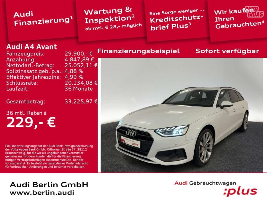 Balts Audi A4 2022 Kauņa, ar dzinēja tilpumu 2.00 L un nobraukumu 58 tūkst. km par 33114 €, foto 1 vietnē AUTOMOTO.COM.LV