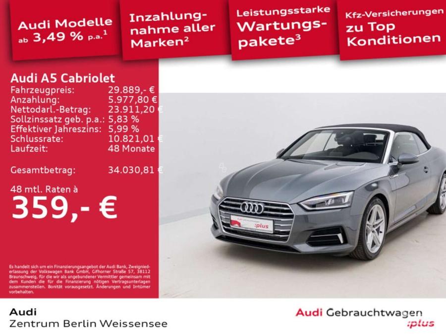 Grey Audi A5 2019 in Kaunas, with an engine capacity of 2.00 L and mileage of 33 thousand km for 32586 €, photo 1 on AUTOMOTO.COM.LV