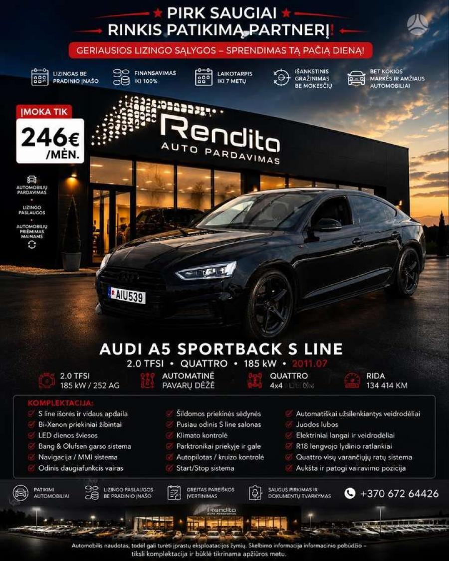 Melns Audi A5 Sportback 2018 Kretinga, ar dzinēja tilpumu 1.98 L un nobraukumu 134 tūkst. km par 17699 €, foto 47 vietnē AUTOMOTO.COM.LV