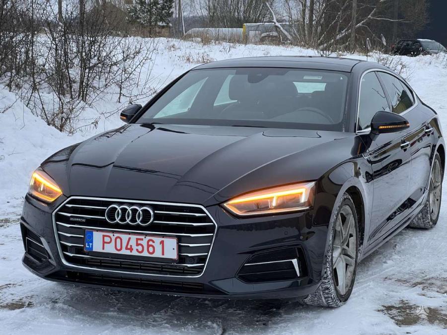 Blue Audi A5 Sportback 2018 in Vilnius, with an engine capacity of 1.98 L and mileage of 211 thousand km for 18300 €, photo 1 on AUTOMOTO.COM.LV