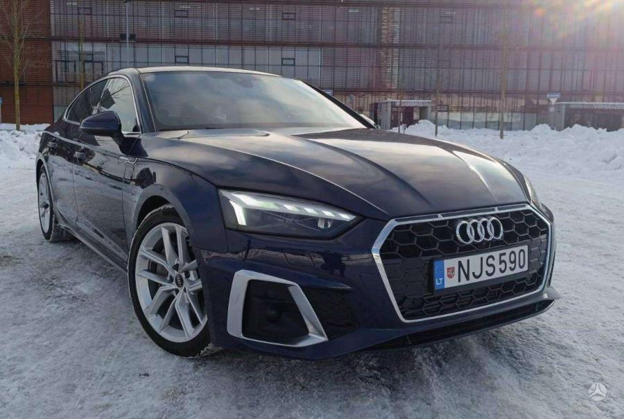 Blue Audi A5 Sportback 2023 in Klaipeda, with an engine capacity of 2.00 L and mileage of 12 thousand km for 34900 €, photo 8 on AUTOMOTO.COM.LV