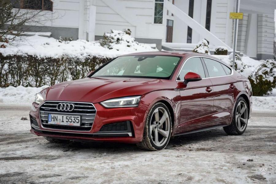 Red Audi A5 Sportback 2017 in Elektrenai, with an engine capacity of 1.97 L and mileage of 223 thousand km for 19450 €, photo 1 on AUTOMOTO.COM.LV