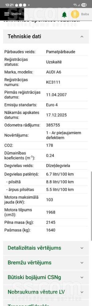 Черный Ауди А6 2007 в Рига, объемом двигателя 2.00 л и пробегом 389 тыс. км за 3990 €, фото 9 на AUTOMOTO.COM.LV