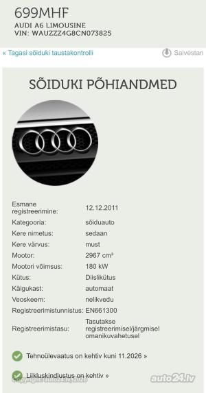 Черный Ауди А6 2011 в Тарту, объемом двигателя 3.00 л и пробегом 340 тыс. км за 7800 €, фото 21 на AUTOMOTO.COM.LV