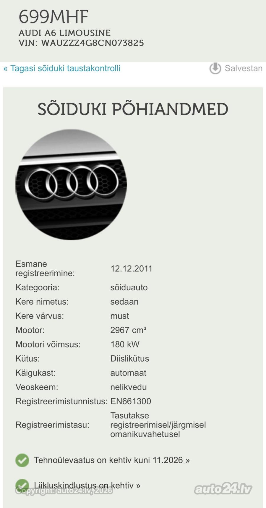 Черный Ауди А6 2011 в Тарту, объемом двигателя 3.00 л и пробегом 340 тыс. км за 7800 €, фото 21 на AUTOMOTO.COM.LV