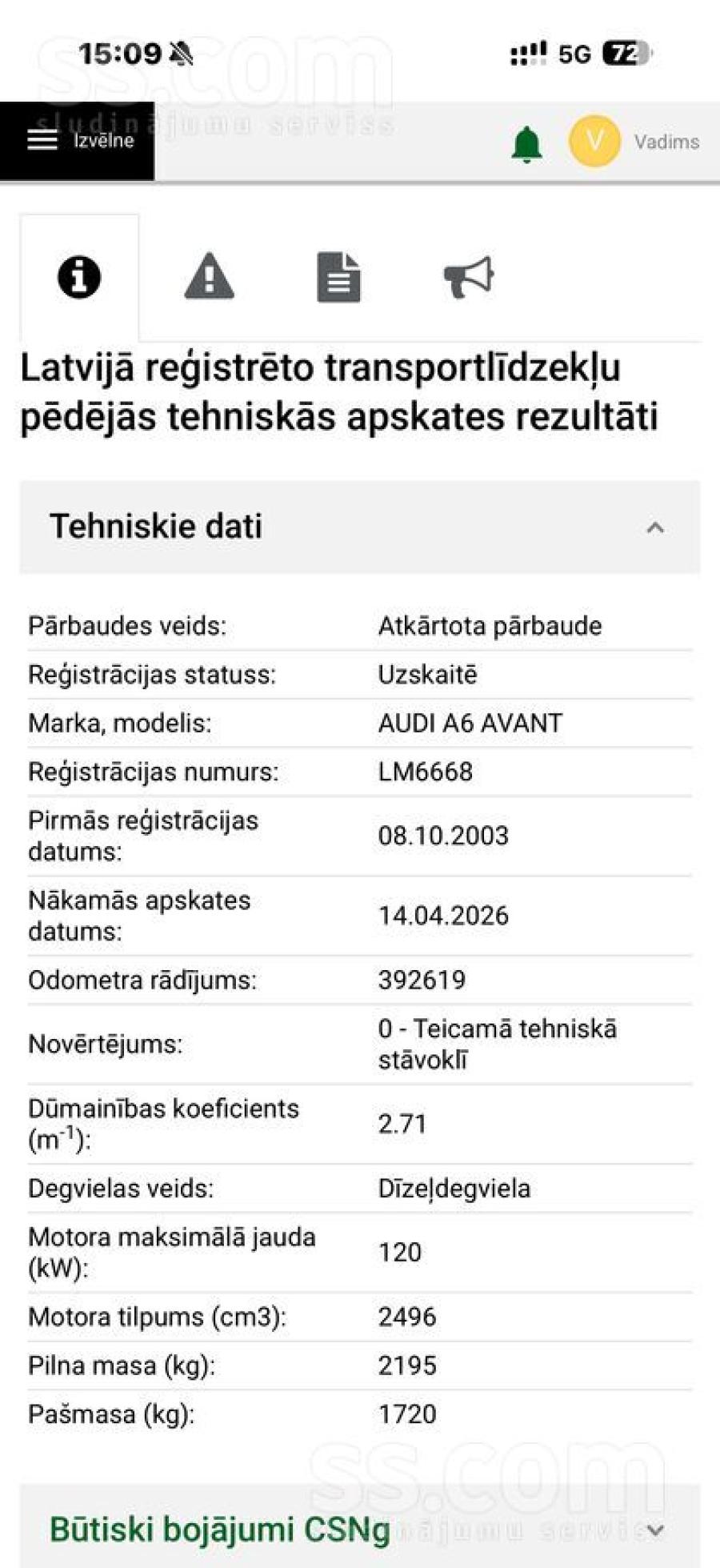 Black Audi A6 2003 in Daugavpils, with an engine capacity of 2.50 L and mileage of 396 thousand km for 1250 €, photo 4 on AUTOMOTO.COM.LV