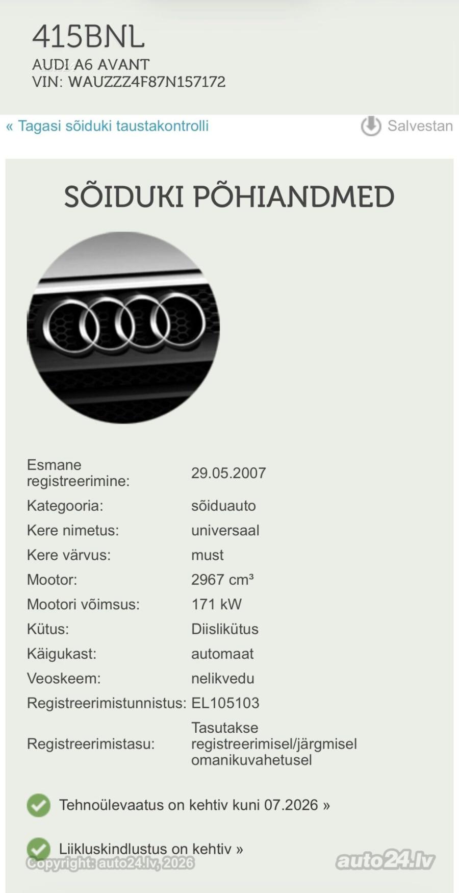 Black Audi A6 2007 in Tartu, with an engine capacity of 3.00 L and mileage of 376 thousand km for 2999 €, photo 15 on AUTOMOTO.COM.LV