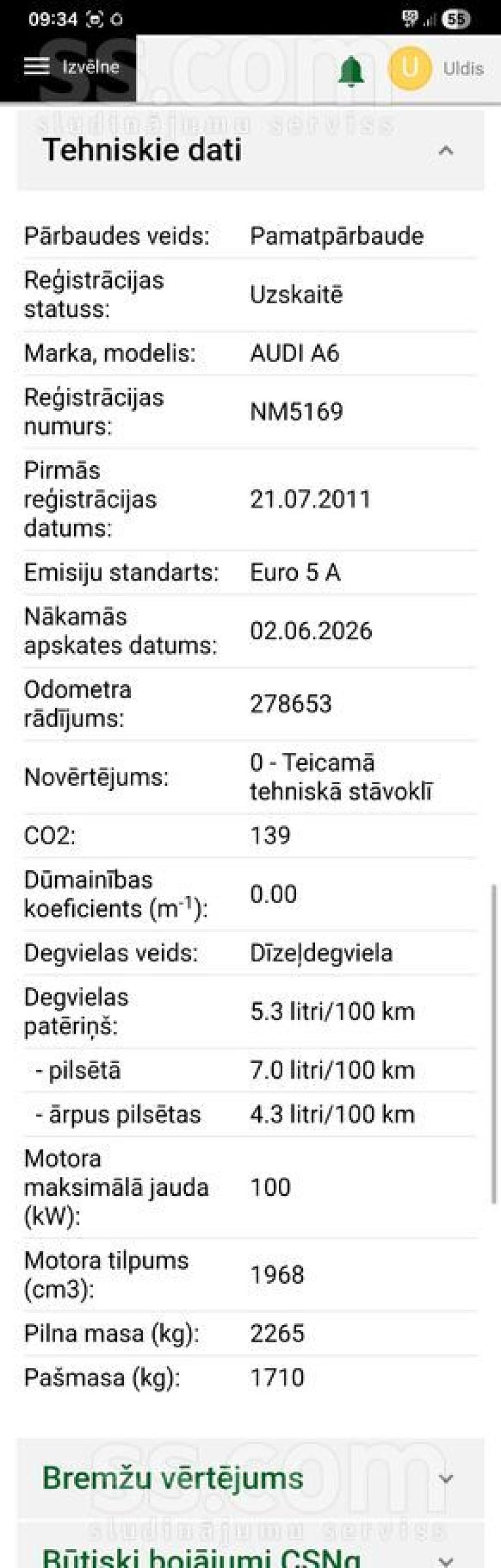 Черный Ауди А6 2011 в Прейли, объемом двигателя 2.00 л и пробегом 287 тыс. км за 5000 €, фото 5 на AUTOMOTO.COM.LV
