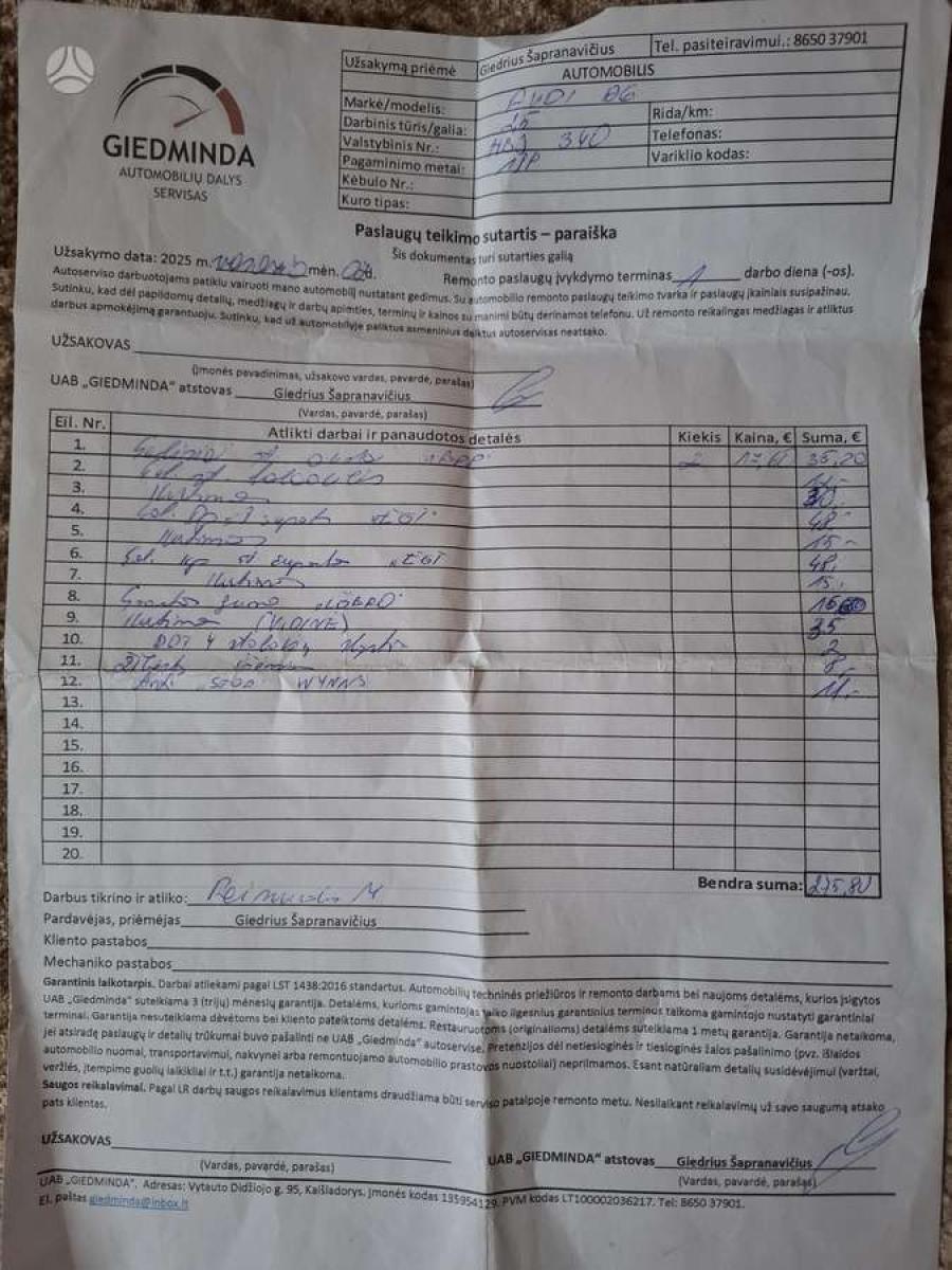Синий Ауди А6 2002 в Электренай, объемом двигателя 2.50 л и пробегом 350 тыс. км за 900 €, фото 12 на AUTOMOTO.COM.LV