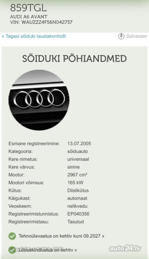 Синий Ауди А6 2005 в Тарту, объемом двигателя 3.00 л и пробегом 365 тыс. км за 7800 €, фото 30 на AUTOMOTO.COM.LV