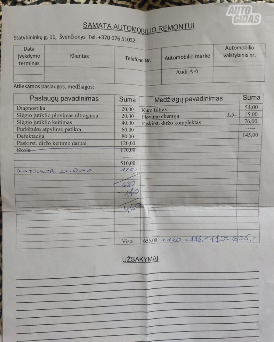 Blue Audi A6 2006 in Vilnius, with an engine capacity of 2.70 L and mileage of 332 thousand km for 3000 €, photo 10 on AUTOMOTO.COM.LV