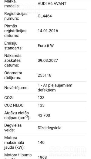 Blue Audi A6 2016 in Riga, with an engine capacity of 2.00 L and mileage of 0 thousand km for 11900 €, photo 18 on AUTOMOTO.COM.LV