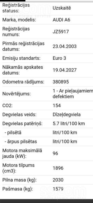 Pelēks Audi A6 2003 Rīga, ar dzinēja tilpumu 1.90 L un nobraukumu 381 tūkst. km par 2350 €, foto 12 vietnē AUTOMOTO.COM.LV
