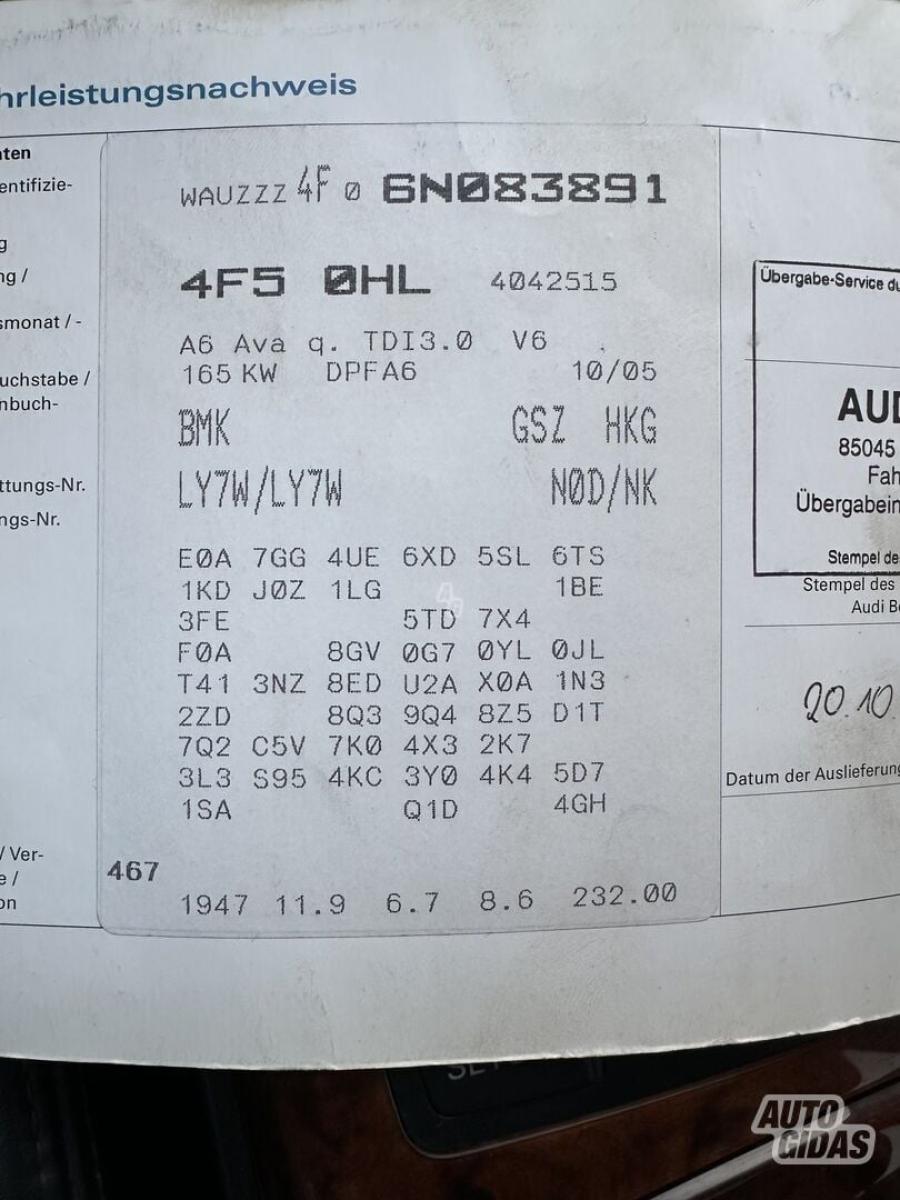 Серый Ауди А6 2005 в Вильнюс, объемом двигателя 3.00 л и пробегом 367 тыс. км за 2650 €, фото 15 на AUTOMOTO.COM.LV