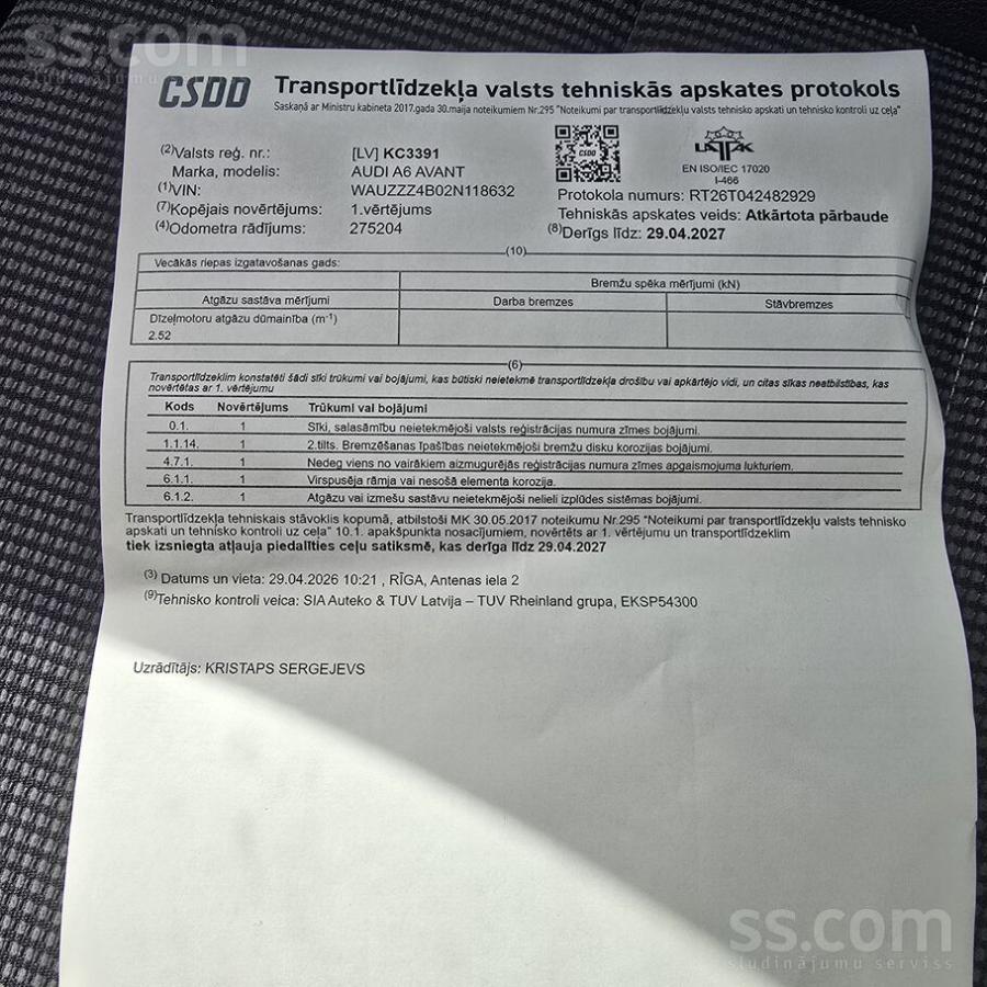 Grey Audi A6 2002 in Riga, with an engine capacity of 2.50 L and mileage of 280 thousand km for 1300 €, photo 13 on AUTOMOTO.COM.LV