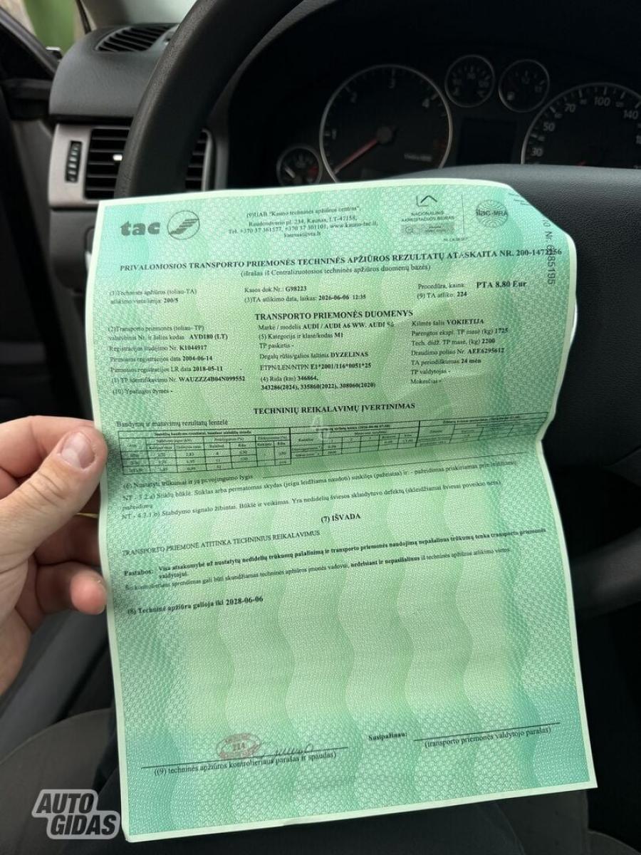 Pelēks Audi A6 2004 Kauņa, ar dzinēja tilpumu 2.50 L un nobraukumu 347 tūkst. km par 1100 €, foto 8 vietnē AUTOMOTO.COM.LV