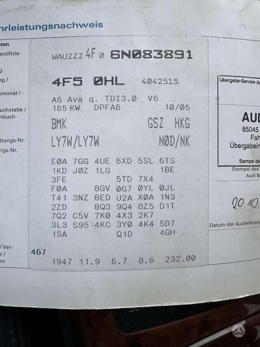 Серый Ауди А6 2005 в Вильнюс, объемом двигателя 2.97 л и пробегом 367 тыс. км за 2650 €, фото 27 на AUTOMOTO.COM.LV