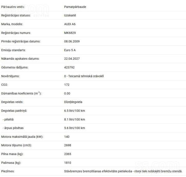 Серый Ауди А6 2009 в Елгава, объемом двигателя 2.70 л и пробегом 424 тыс. км за 4000 €, фото 8 на AUTOMOTO.COM.LV