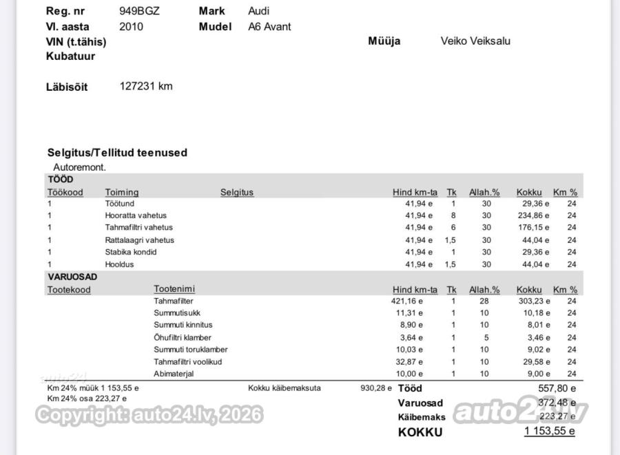 Pelēks Audi A6 2010 Tartu, ar dzinēja tilpumu 2.00 L un nobraukumu 127 tūkst. km par 8999 €, foto 15 vietnē AUTOMOTO.COM.LV