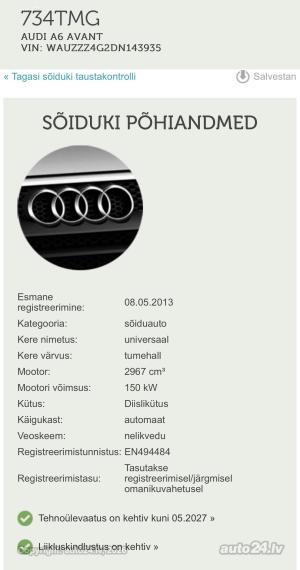 Серый Ауди А6 2013 в Тарту, объемом двигателя 3.00 л и пробегом 370 тыс. км за 7999 €, фото 19 на AUTOMOTO.COM.LV