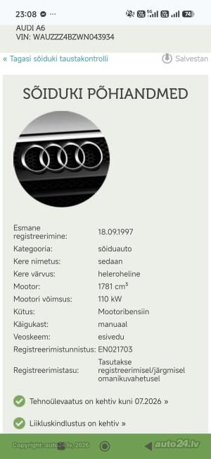 Audi A6 1997 Tartu, ar dzinēja tilpumu 1.80 L un nobraukumu 320 tūkst. km par 999 €, foto 12 vietnē AUTOMOTO.COM.LV
