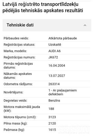 Audi A6 2004 in Riga, with an engine capacity of 3.20 L and mileage of 265 thousand km for 2400 €, photo 17 on AUTOMOTO.COM.LV