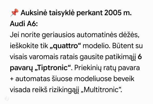 Audi A6 2005 in Vilnius, with an engine capacity of 3.00 L and mileage of 402 thousand km for 1400 €, photo 10 on AUTOMOTO.COM.LV