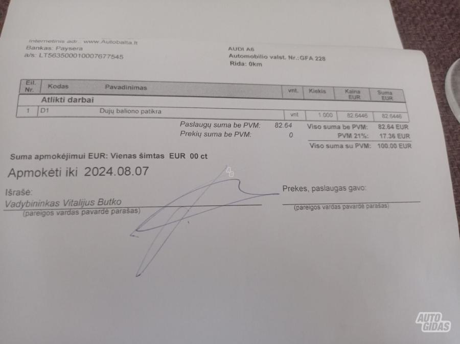 Audi A6 1998 in Vilnius, with an engine capacity of 2.40 L and mileage of 300 thousand km for 800 €, photo 14 on AUTOMOTO.COM.LV