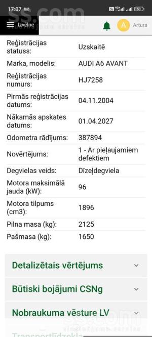 Ауди А6 2004 в Резекне, объемом двигателя 1.90 л и пробегом 388 тыс. км за 1350 €, фото 13 на AUTOMOTO.COM.LV