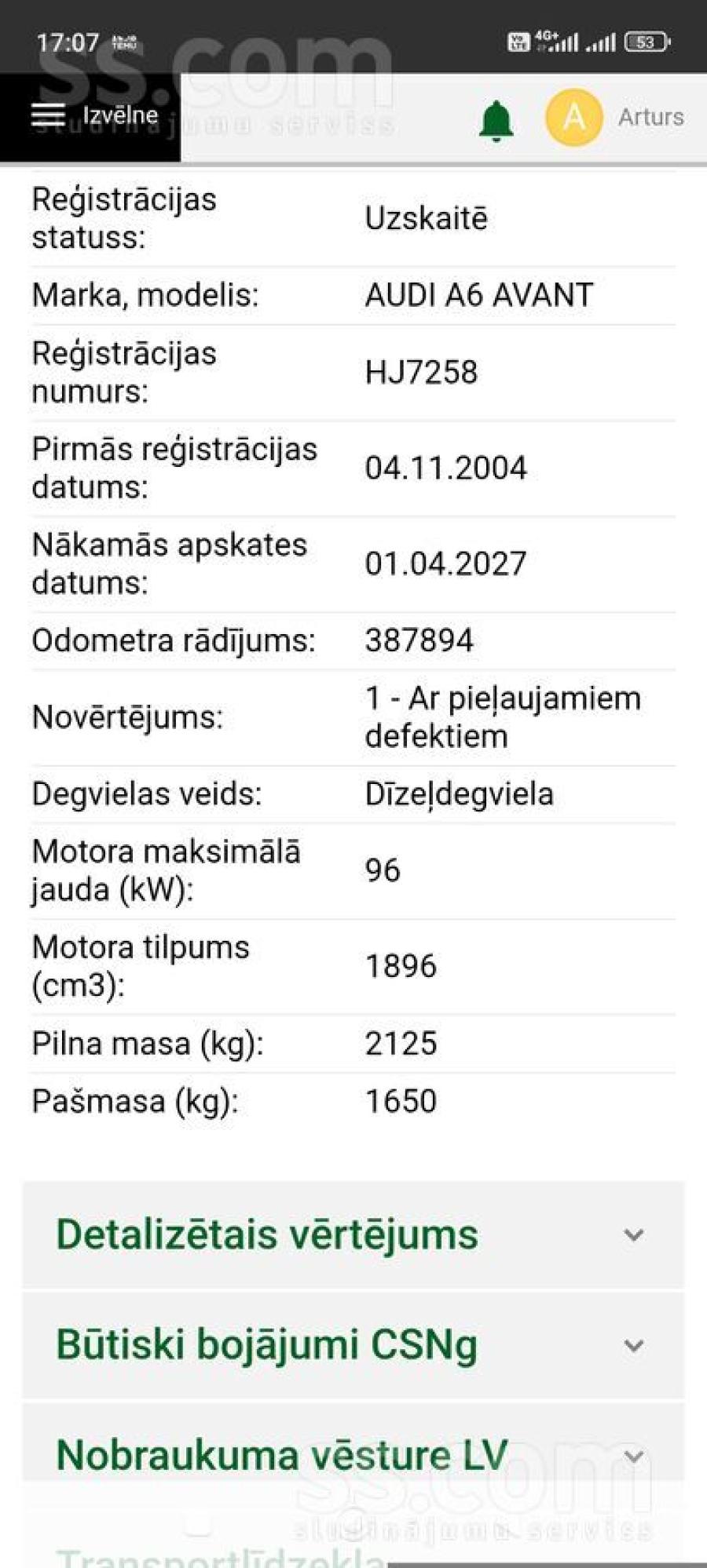 Ауди А6 2004 в Резекне, объемом двигателя 1.90 л и пробегом 388 тыс. км за 1350 €, фото 13 на AUTOMOTO.COM.LV