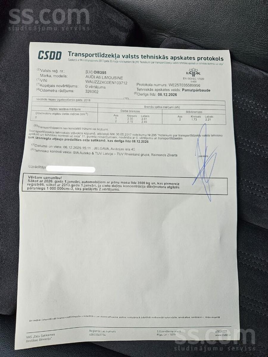 White Audi A6 2014 in Riga, with an engine capacity of 3.00 L and mileage of 327 thousand km for 10200 €, photo 16 on AUTOMOTO.COM.LV