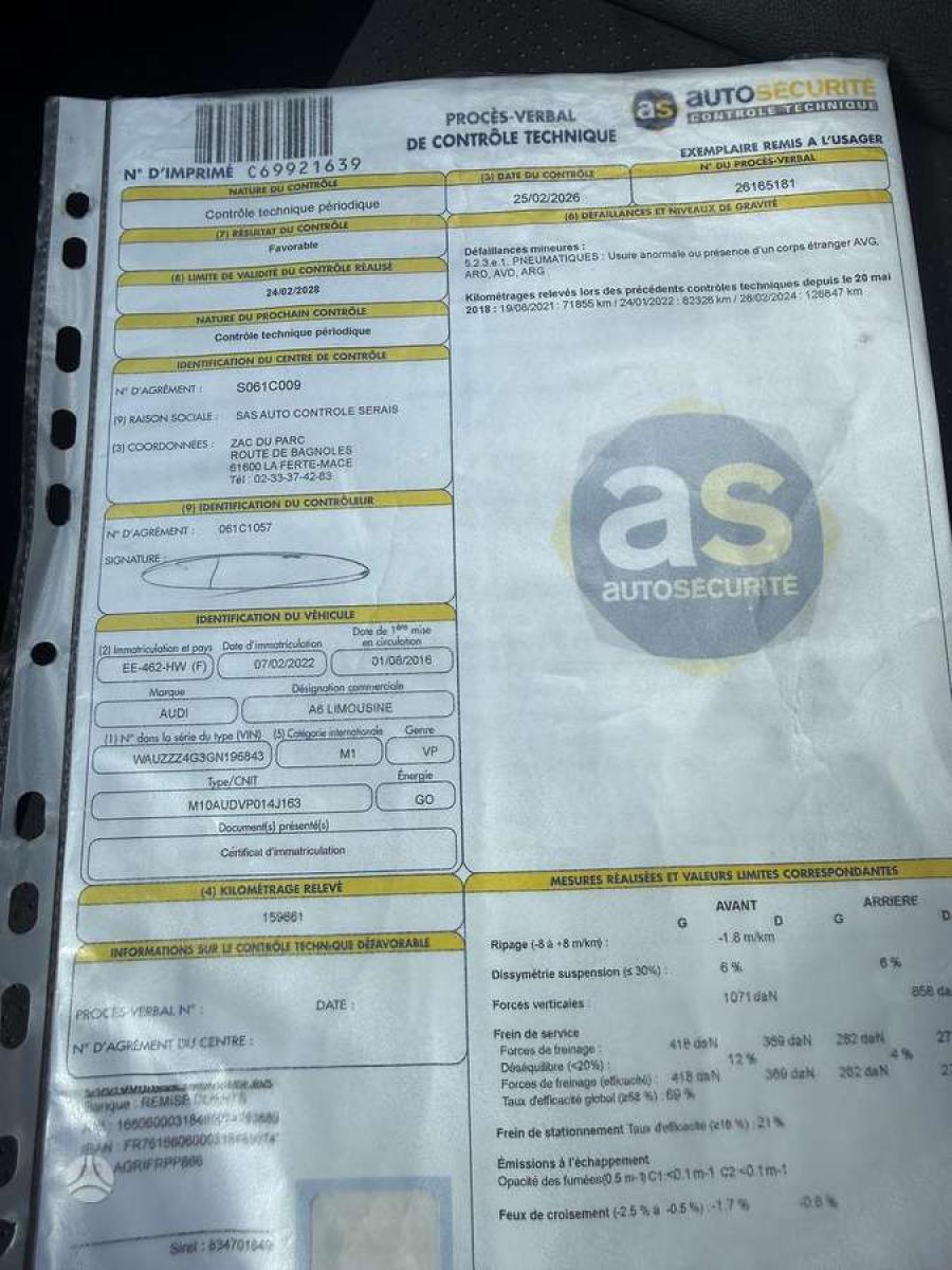 White Audi A6 2016 in Taurage, with an engine capacity of 2.97 L and mileage of 163 thousand km for 14000 €, photo 36 on AUTOMOTO.COM.LV