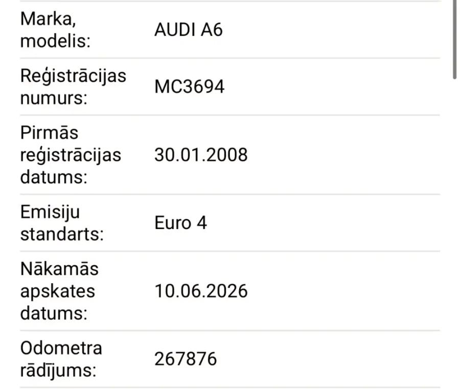 White Audi A6 2008 in Riga, with an engine capacity of 3.00 L and mileage of 270 thousand km for 4290 €, photo 37 on AUTOMOTO.COM.LV