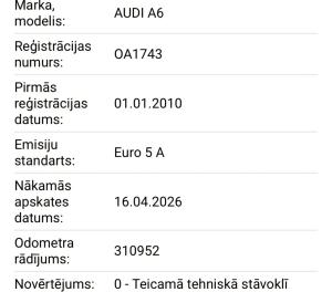 White Audi A6 2010 in Riga, with an engine capacity of 3.00 L and mileage of 311 thousand km for 5390 €, photo 38 on AUTOMOTO.COM.LV