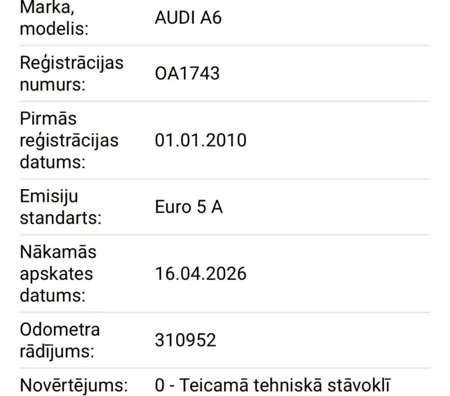 White Audi A6 2010 in Riga, with an engine capacity of 3.00 L and mileage of 311 thousand km for 5390 €, photo 38 on AUTOMOTO.COM.LV