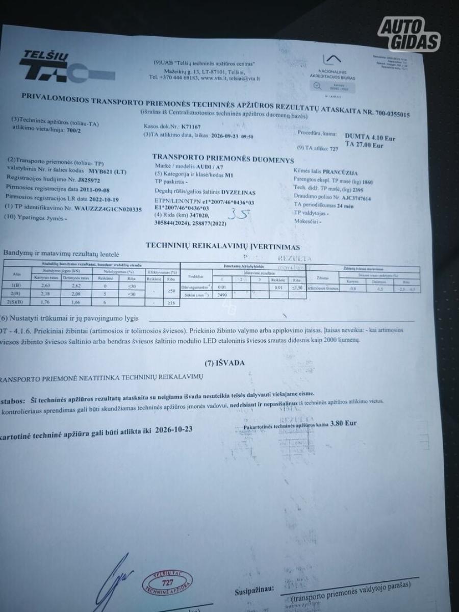 Ауди А7 Спортбек 2011 в Тельшяй, объемом двигателя 3.00 л и пробегом 343 тыс. км за 9700 €, фото 20 на AUTOMOTO.COM.LV