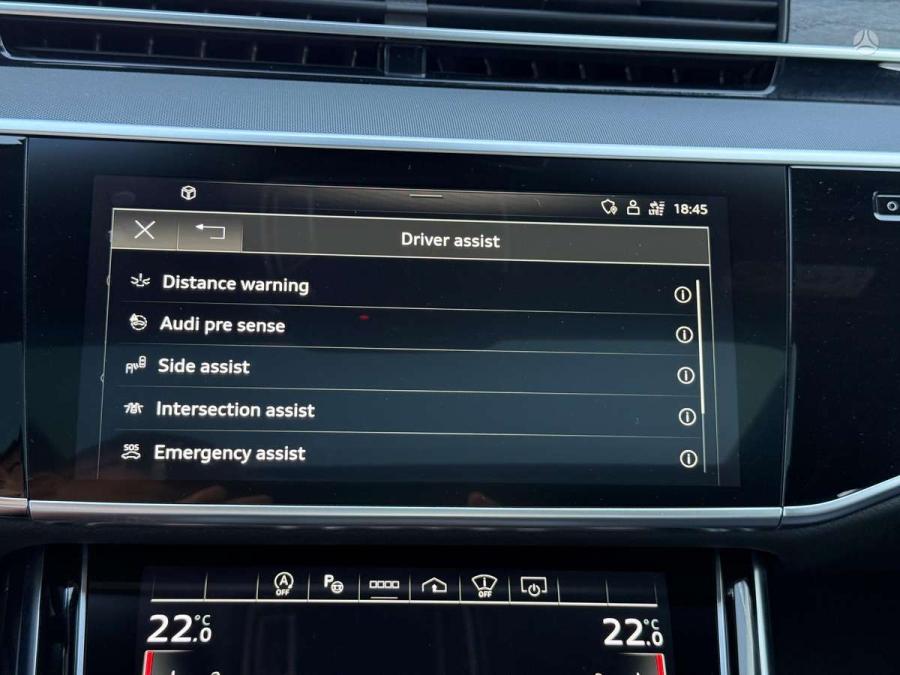 Black Audi A8 2022 in Vilnius, with an engine capacity of 3.00 L and mileage of 96 thousand km for 48999 €, photo 32 on AUTOMOTO.COM.LV