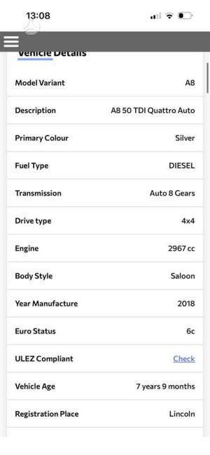 Grey Audi A8 2018 in Telschi, with an engine capacity of 2.97 L and mileage of 105 thousand km for 15000 €, photo 6 on AUTOMOTO.COM.LV