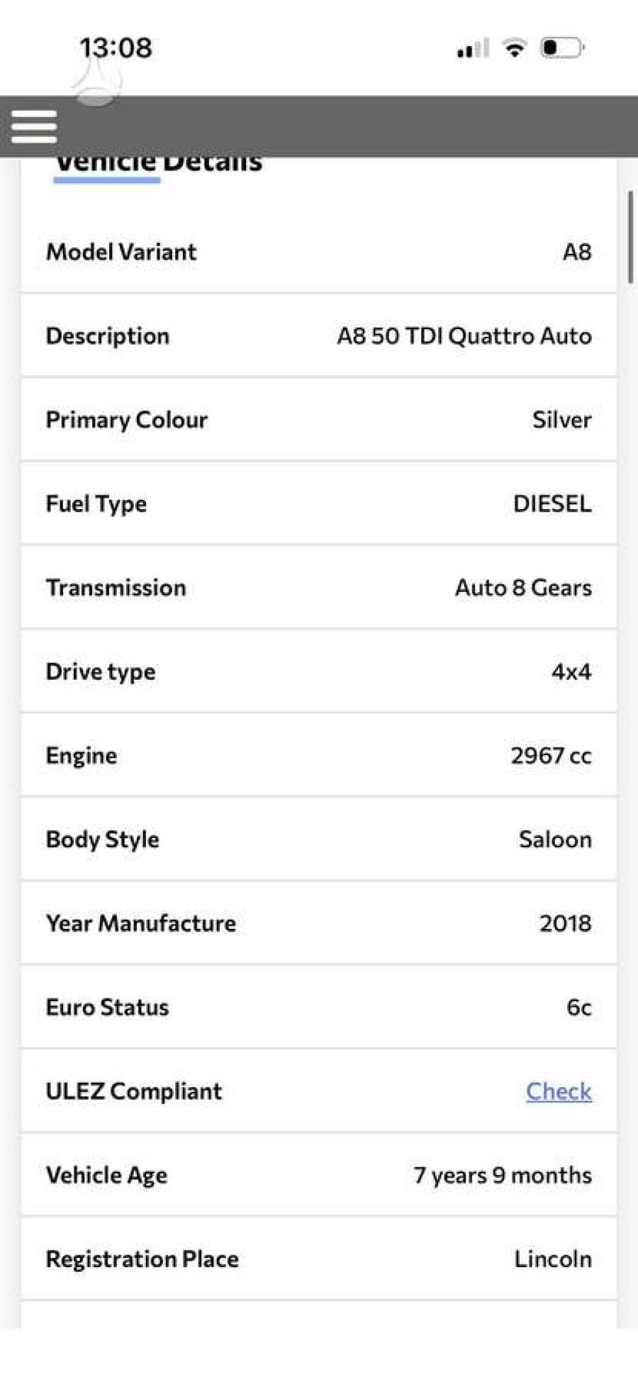 Grey Audi A8 2018 in Telschi, with an engine capacity of 2.97 L and mileage of 105 thousand km for 15000 €, photo 6 on AUTOMOTO.COM.LV