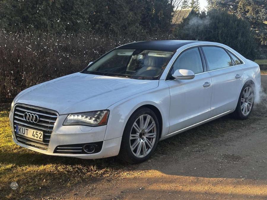 White Audi A8 2012 in Ukmerge, with an engine capacity of 4.20 L and mileage of 170 thousand km for 7300 €, photo 1 on AUTOMOTO.COM.LV