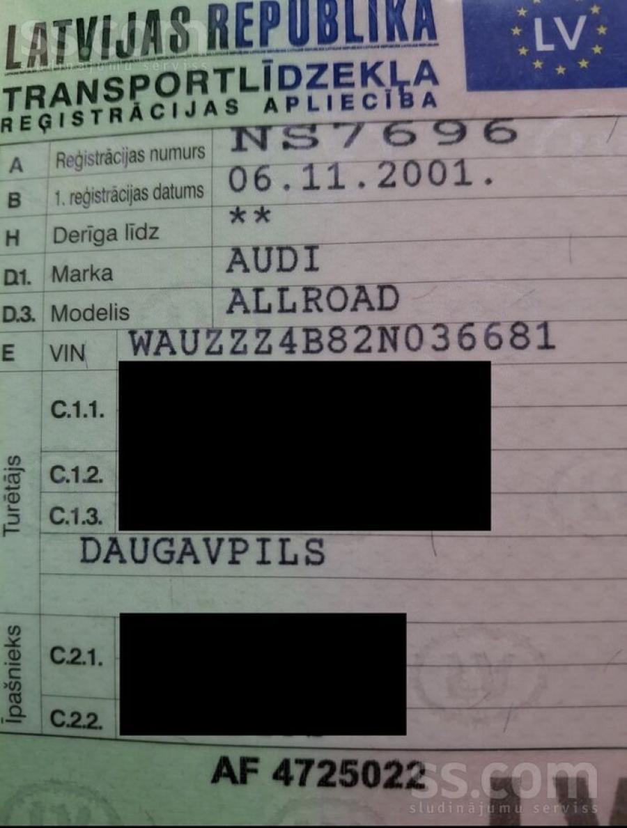 Pelēks Audi Allroad 2001 Daugavpils, ar dzinēja tilpumu 2.50 L un nobraukumu 295 tūkst. km par 1500 €, foto 9 vietnē AUTOMOTO.COM.LV