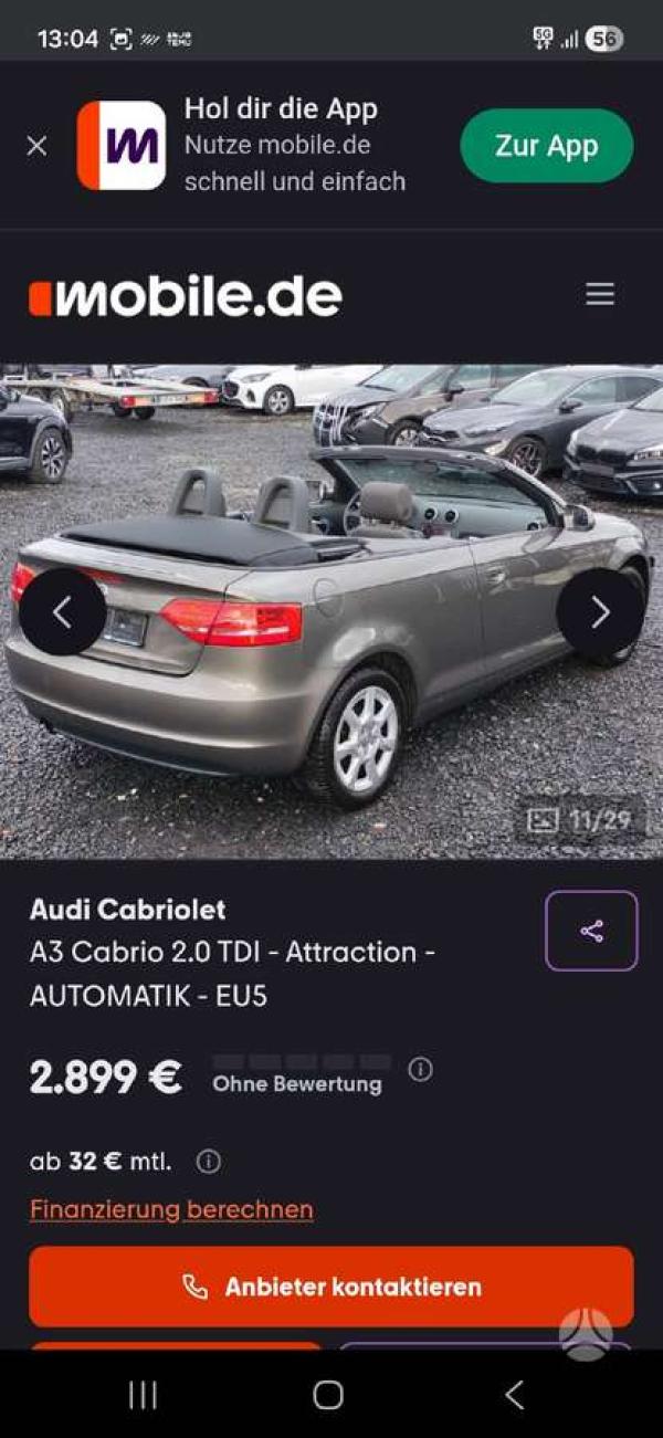 Pelēks Audi Cabriolet 2012 Klaipėda, ar dzinēja tilpumu 2.00 L un nobraukumu 194 tūkst. km par 3900 €, foto 9 vietnē AUTOMOTO.COM.LV