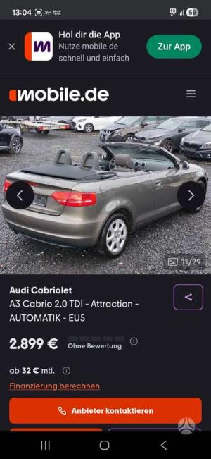 Pelēks Audi Cabriolet 2012 Klaipėda, ar dzinēja tilpumu 2.00 L un nobraukumu 194 tūkst. km par 3900 €, foto 9 vietnē AUTOMOTO.COM.LV