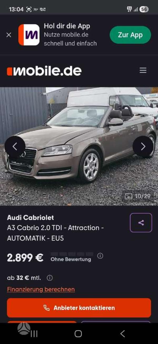 Pelēks Audi Cabriolet 2012 Klaipėda, ar dzinēja tilpumu 2.00 L un nobraukumu 194 tūkst. km par 3900 €, foto 10 vietnē AUTOMOTO.COM.LV