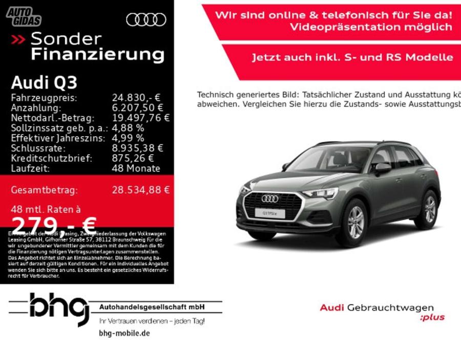 Grey Audi Q3 2021 in Kaunas, with an engine capacity of 1.40 L and mileage of 72 thousand km for 27375 €, photo 1 on AUTOMOTO.COM.LV
