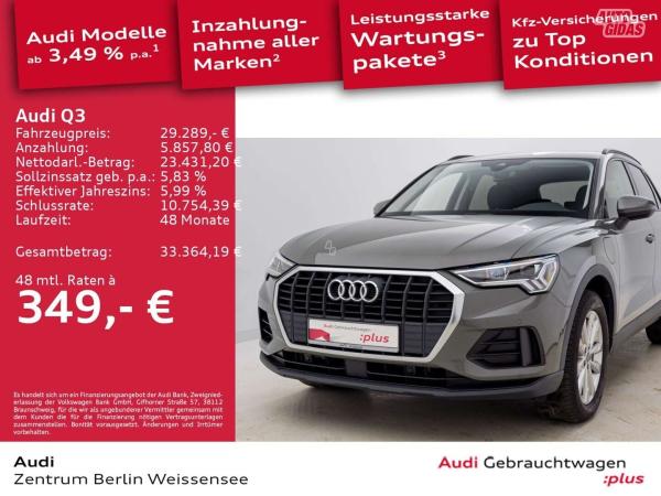Pelēks Audi Q3 2021 Kauņa, ar dzinēja tilpumu 1.40 L un nobraukumu 48 tūkst. km par 31968 €, foto 1 vietnē AUTOMOTO.COM.LV