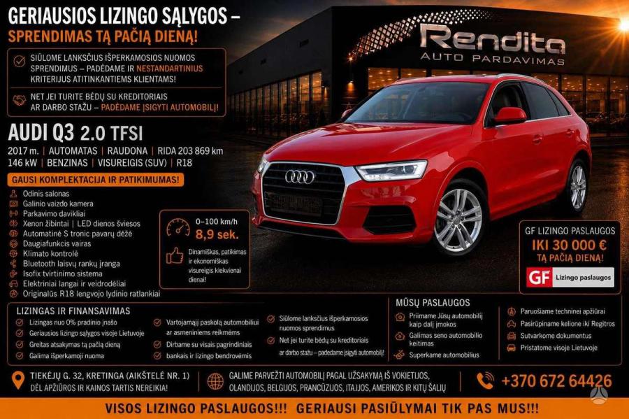 Sarkans Audi Q3 2017 Kretinga, ar dzinēja tilpumu 1.98 L un nobraukumu 204 tūkst. km par 10699 €, foto 31 vietnē AUTOMOTO.COM.LV