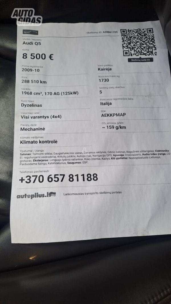 Audi Q5 2009 in Vilnius, with an engine capacity of 2.00 L and mileage of 289 thousand km for 8600 €, photo 11 on AUTOMOTO.COM.LV