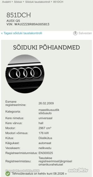 Серый Ауди Ку 5 2009 в Тарту, объемом двигателя 3.00 л и пробегом 313 тыс. км за 7990 €, фото 20 на AUTOMOTO.COM.LV