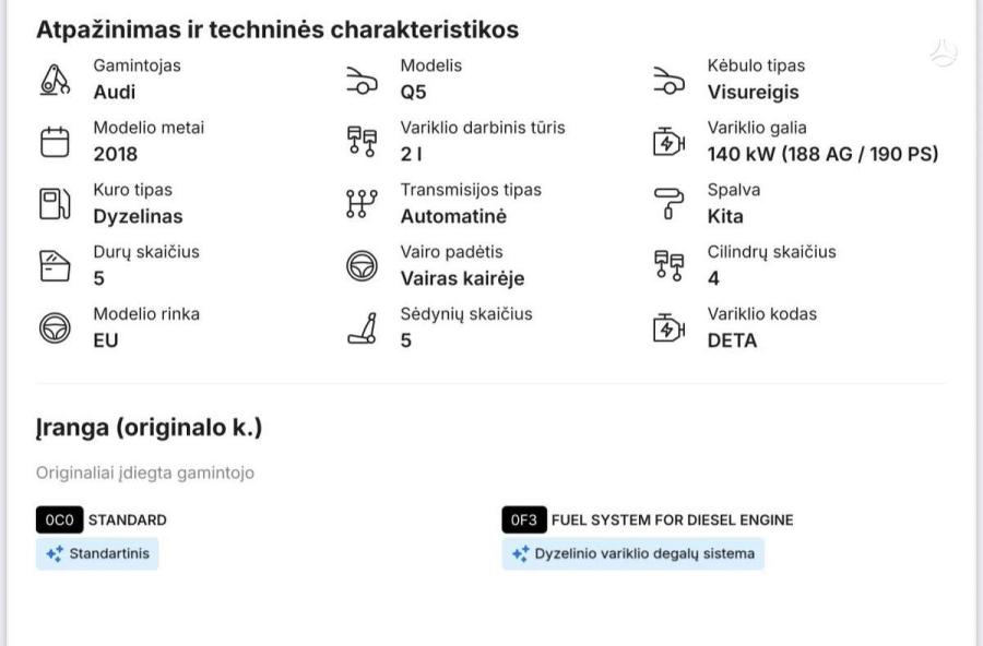 Pelēks Audi Q5 2018 Prienai, ar dzinēja tilpumu 2.00 L un nobraukumu 179 tūkst. km par 21250 €, foto 38 vietnē AUTOMOTO.COM.LV